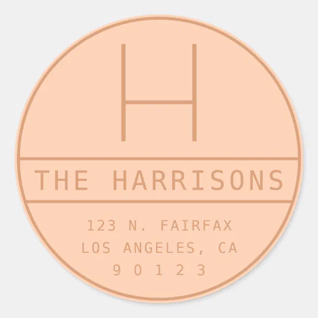 Modern Address & Monogram | Peach Classic Round Sticker | Zazzle