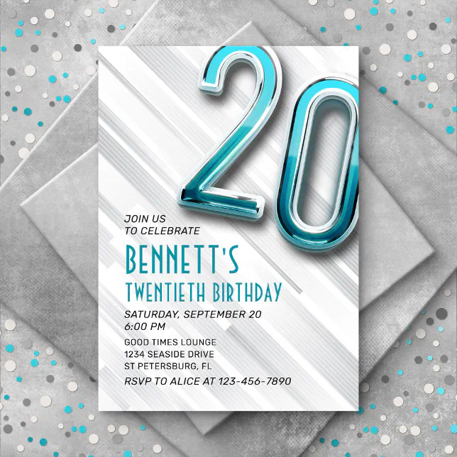 Modern Adult Teal 20th Birthday Invitation | Zazzle