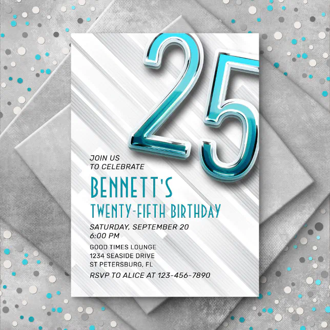 Modern Adult Teal 25th Birthday Invitation | Zazzle