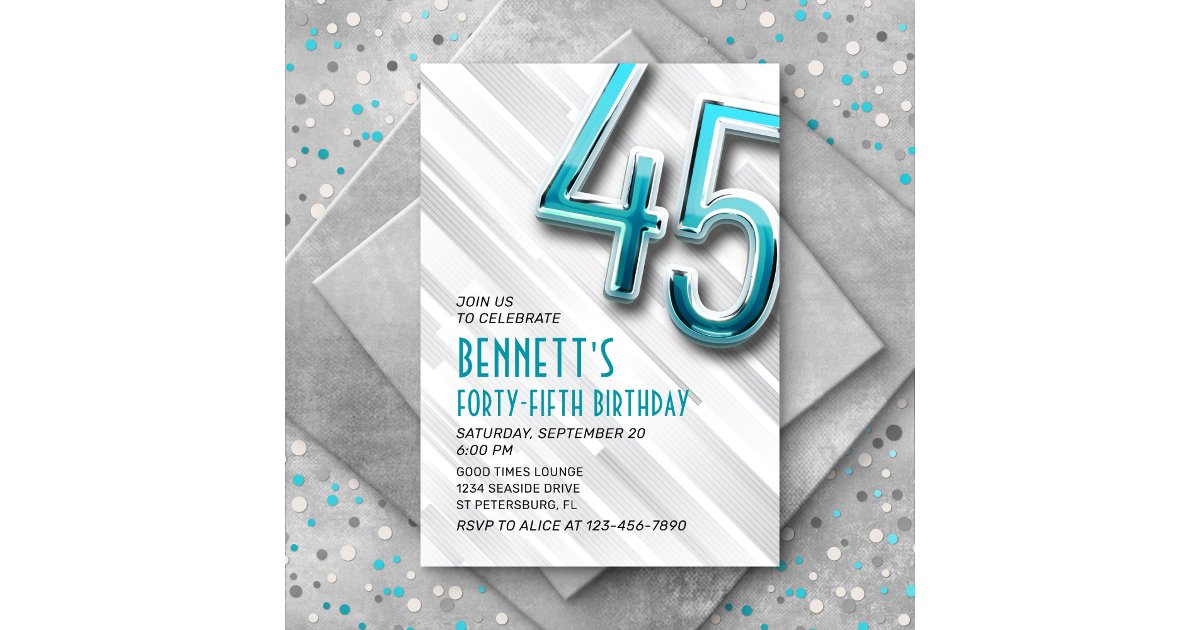 Modern Adult Teal 45th Birthday Invitation | Zazzle