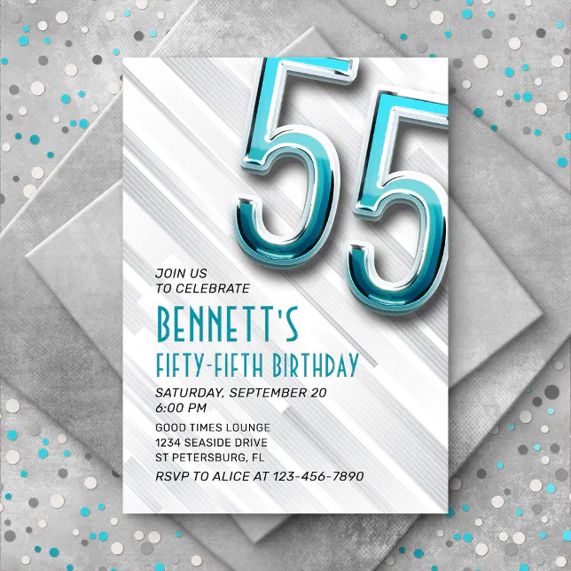 Modern Adult Teal 55th Birthday Invitation | Zazzle