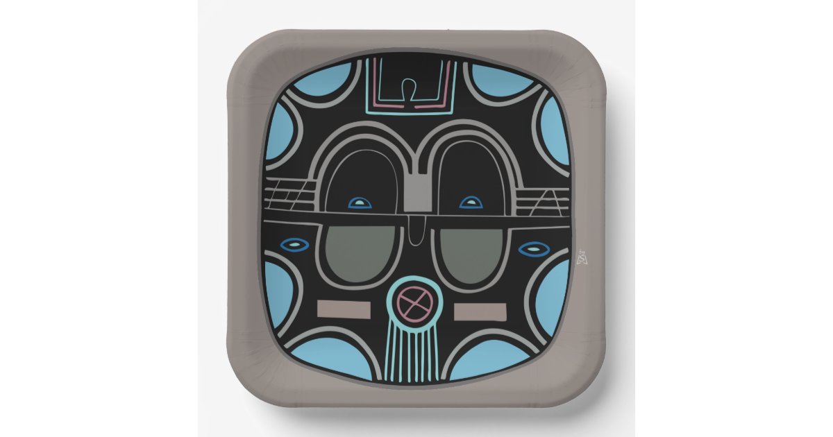 Modern African Tribal Mask Gray Blue and Black Paper Plates | Zazzle