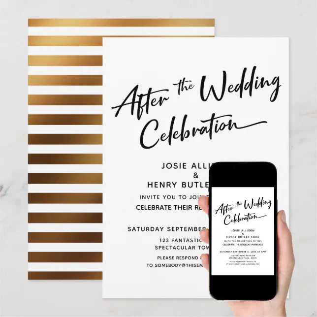 Modern After the Wedding Celebration Gold Stripes Invitation | Zazzle