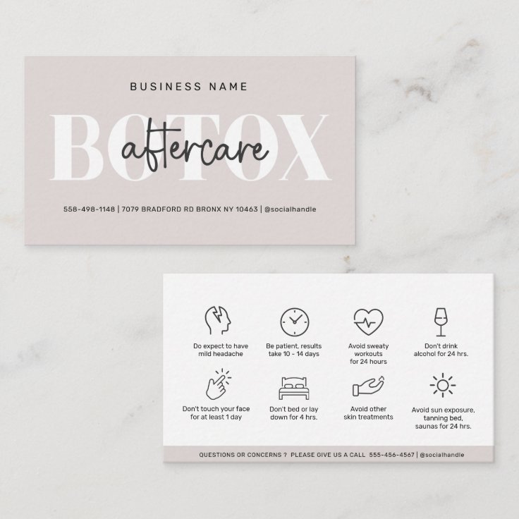 Modern Aftercare Botox Instructions Business Card | Zazzle