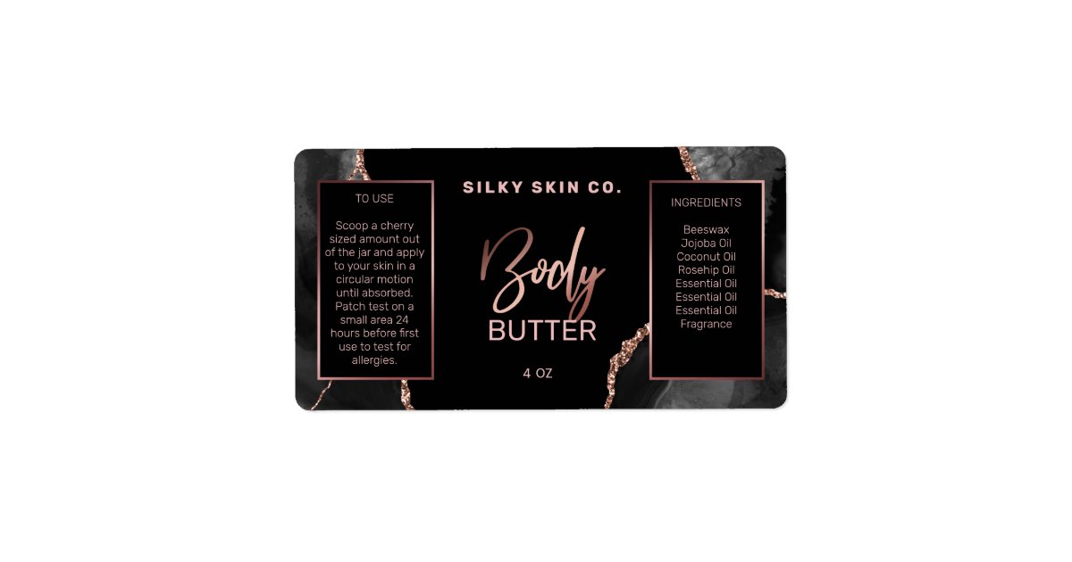 Modern Agate Black Rose Gold Body Butter Labels | Zazzle