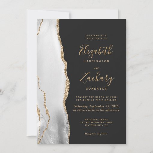 Modern Agate Gray White Gold Dark Wedding Invitation | Zazzle