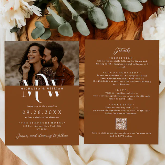 Modern All In One Elegant Monogram QR Code Wedding Invitation | Zazzle