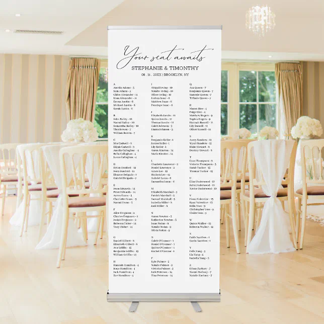 Modern Alphabetical Large Wedding Seating Retractable Banner | Zazzle