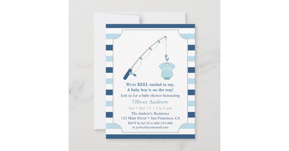 Modern and Cute Fishing Themed Baby Shower Custom Invitation | Zazzle
