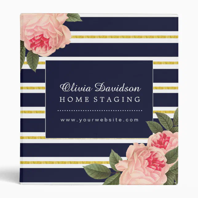 Modern and Elegant Coral Peonies on Navy Binder | Zazzle