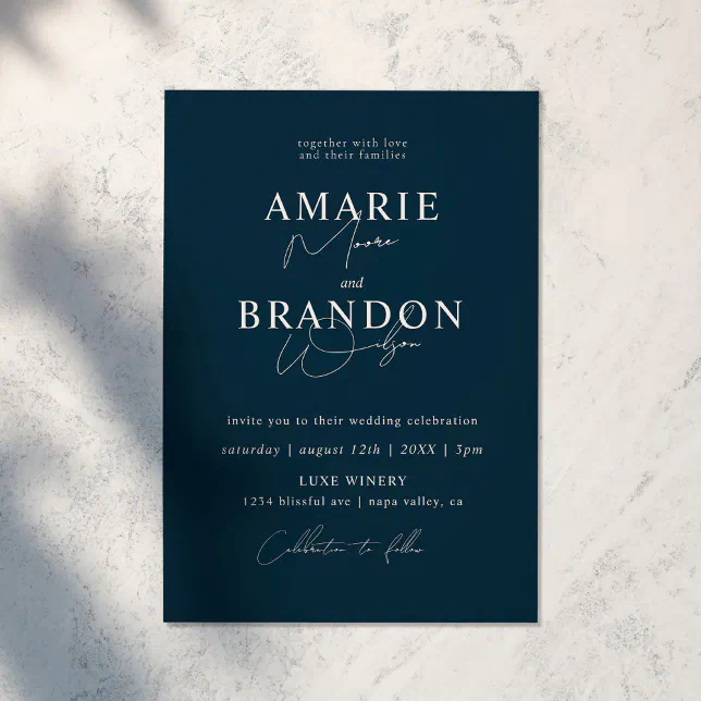 Modern and Minimal Navy Blue Wedding Invitation | Zazzle