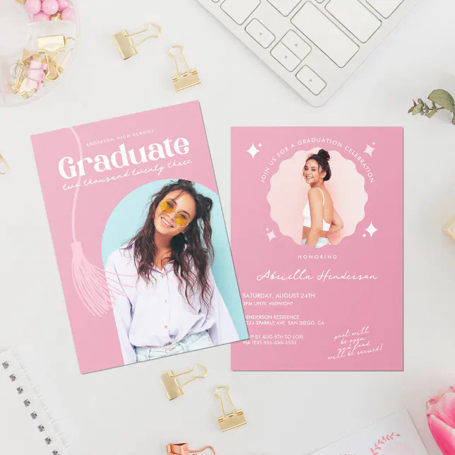 Modern and Retro Pink Graduation Invitation | Zazzle