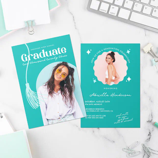 Modern and Retro Teal Graduation Invitation | Zazzle