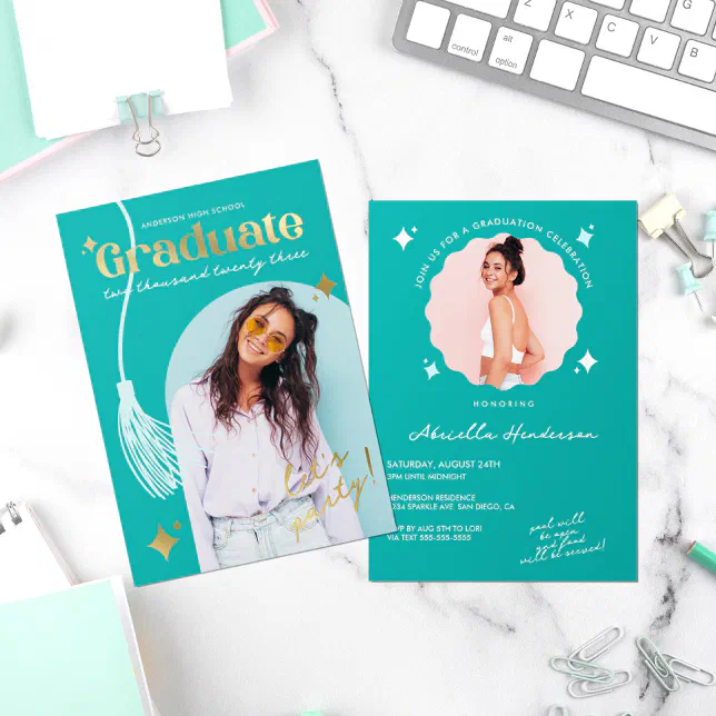 Modern and Retro Teal Sparkle Graduation Foil Invi Foil Invitation | Zazzle