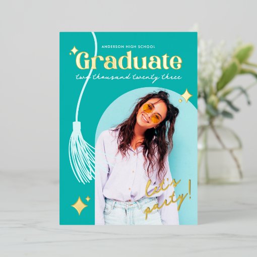 Modern and Retro Teal Sparkle Graduation Foil Invi Foil Invitation | Zazzle