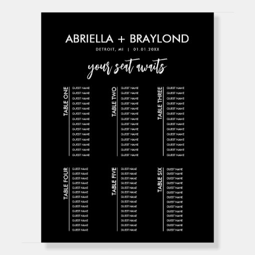Modern and Simple 6 Table Wedding Seating Chart Foam Board | Zazzle