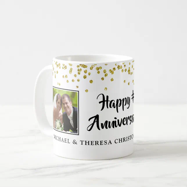Modern Anniversary 2 Photos Gold Confetti Names Coffee Mug | Zazzle
