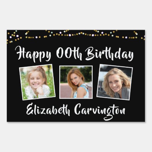 Modern ANY AGE Birthday Photo String Lights Black Sign | Zazzle