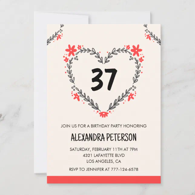 Modern Any age Floral Heart for her 37th birthday Invitation | Zazzle