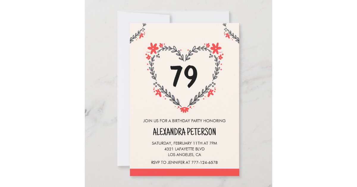 Modern Any age Floral Heart for her 79th birthday Invitation | Zazzle