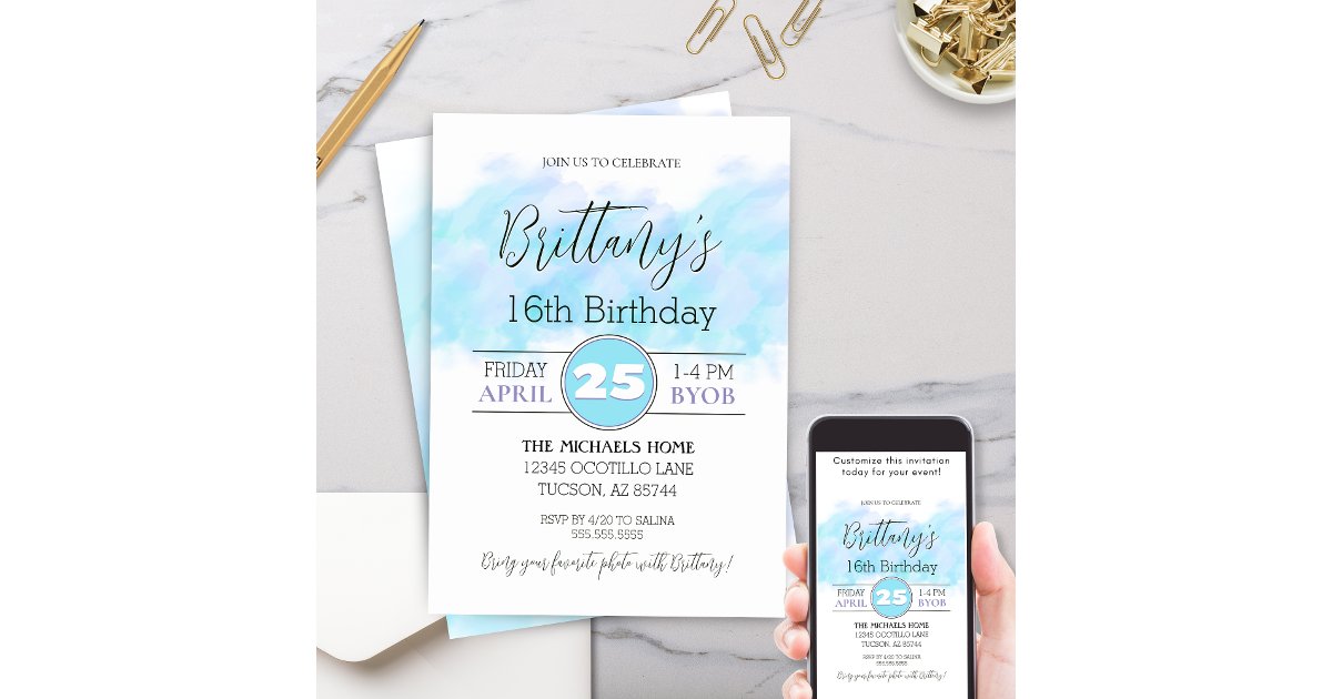Modern Aqua Blue 16th Any Birthday Invitation | Zazzle