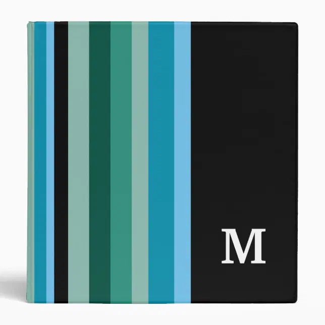 Modern Aqua Blue And Black Stripe Monogrammed Binder | Zazzle