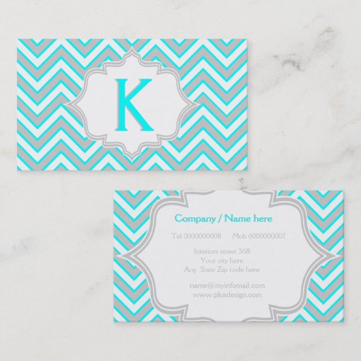 Modern aqua blue, grey chevron monogram business card | Zazzle