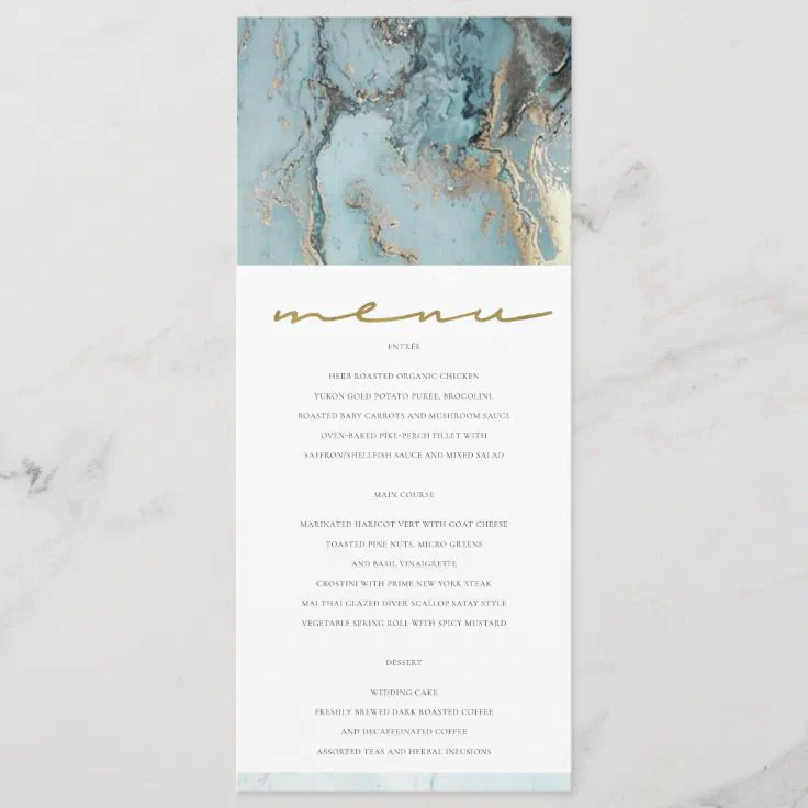 MODERN AQUA DUSKY BLUE GOLD AGATE WEDDING MENU | Zazzle