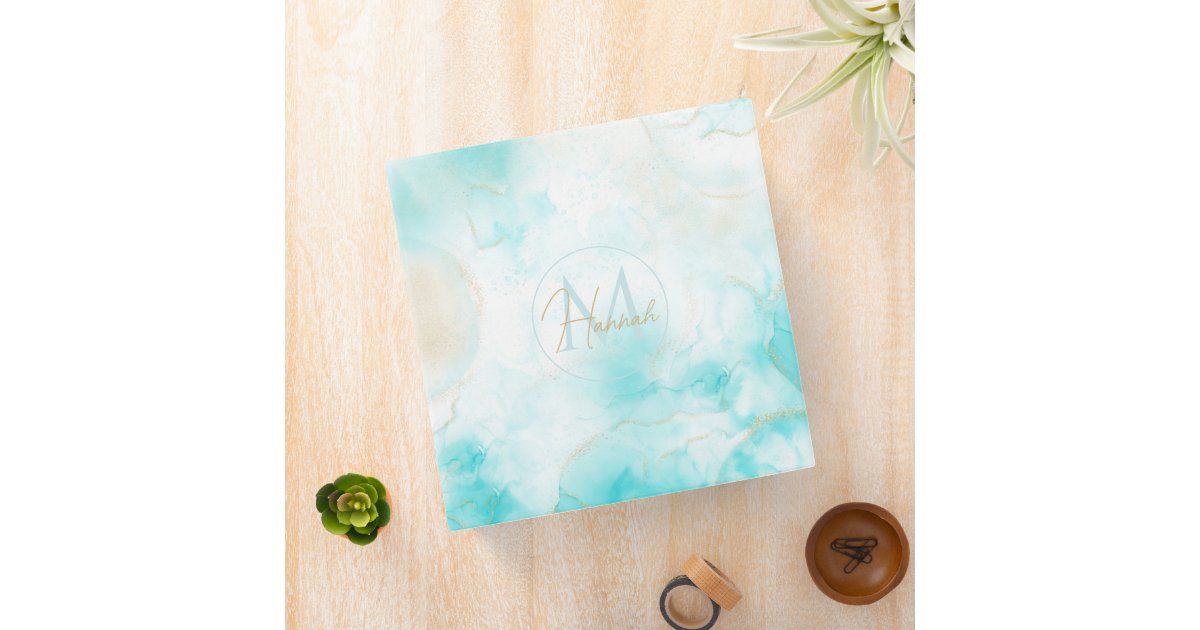 Modern Aqua Gold Alcohol Ink Art Watercolor Ocean 3 Ring Binder | Zazzle