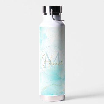 Modern Aqua Gold Alcohol Ink Art Watercolor Ocean Water Bottle | Zazzle