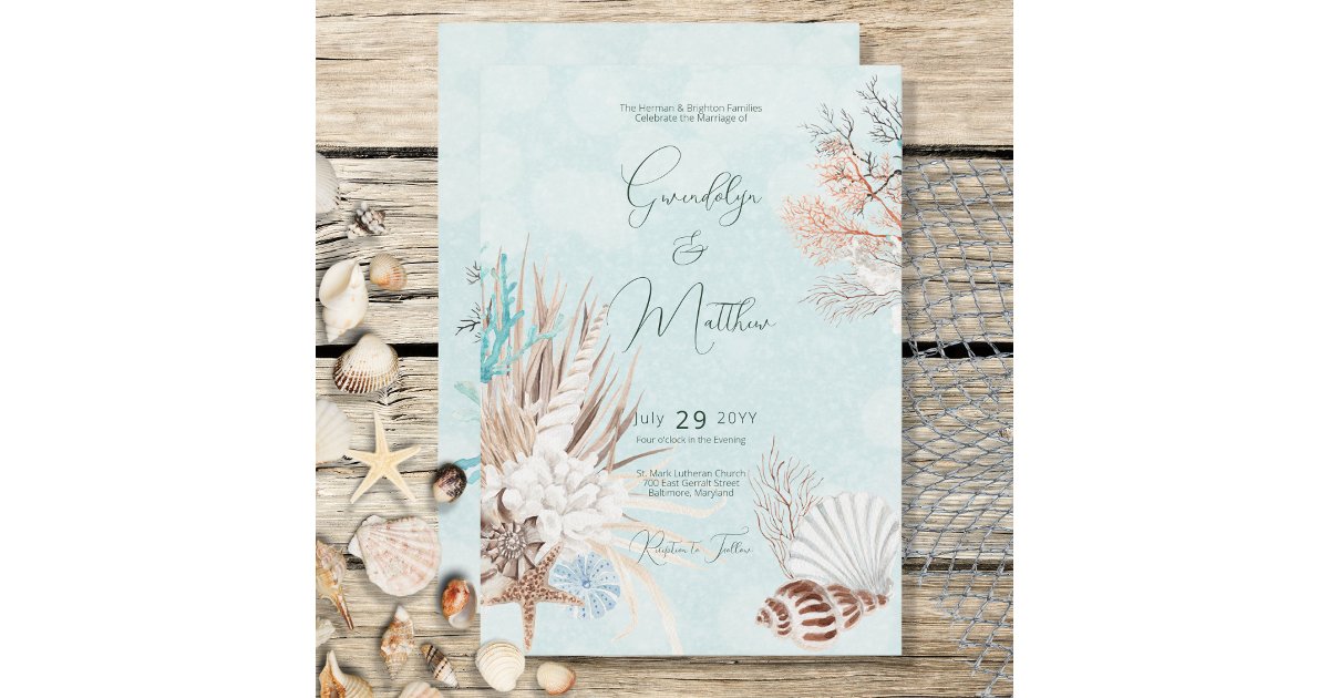 Modern Aqua Ocean & Shells Invitation | Zazzle