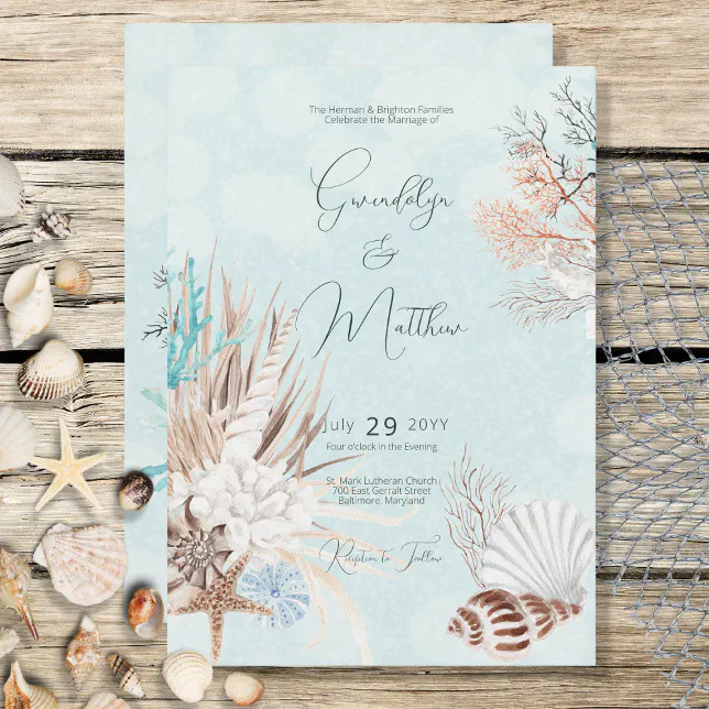 Modern Aqua Ocean & Shells Invitation | Zazzle