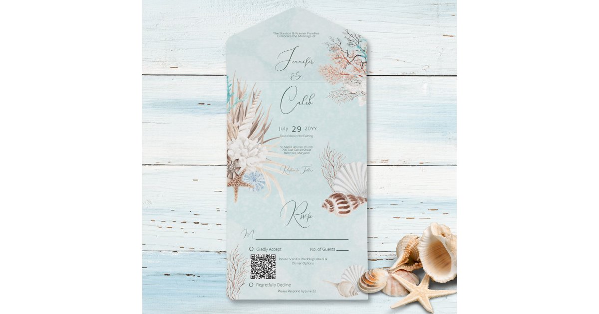 Modern Aqua Ocean & Shells QR Code All In One Invitation | Zazzle