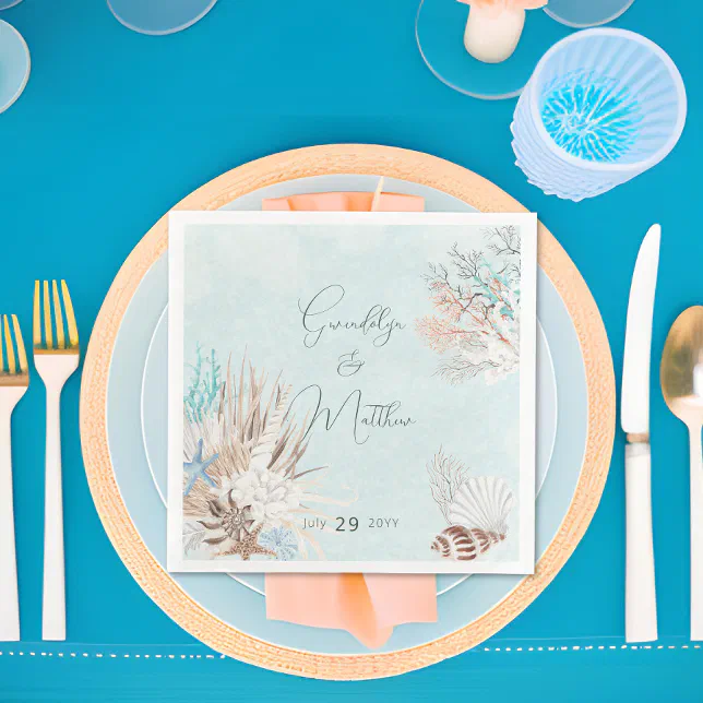 Modern Aqua Ocean & Shells Wedding Paper Dinner Napkins | Zazzle