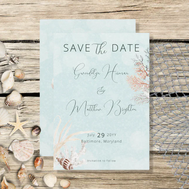 Modern Aqua Ocean & Shells Wedding Save The Date | Zazzle