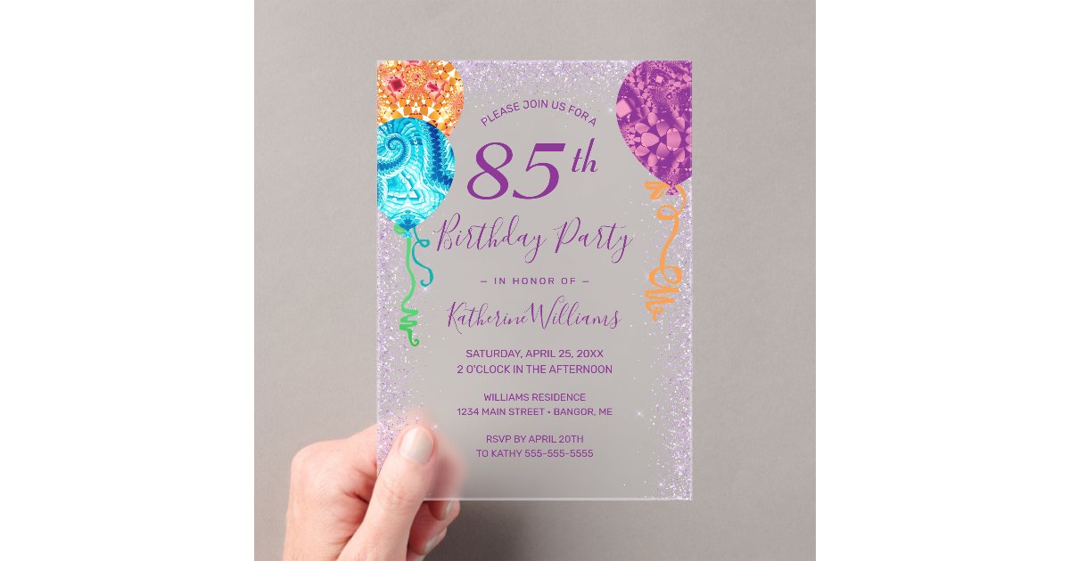 Modern Aqua Purple Balloons 85th Birthday Party Acrylic Invitations ...