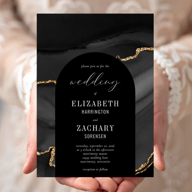 Modern Arch Black Gold Agate Wedding Invitation | Zazzle