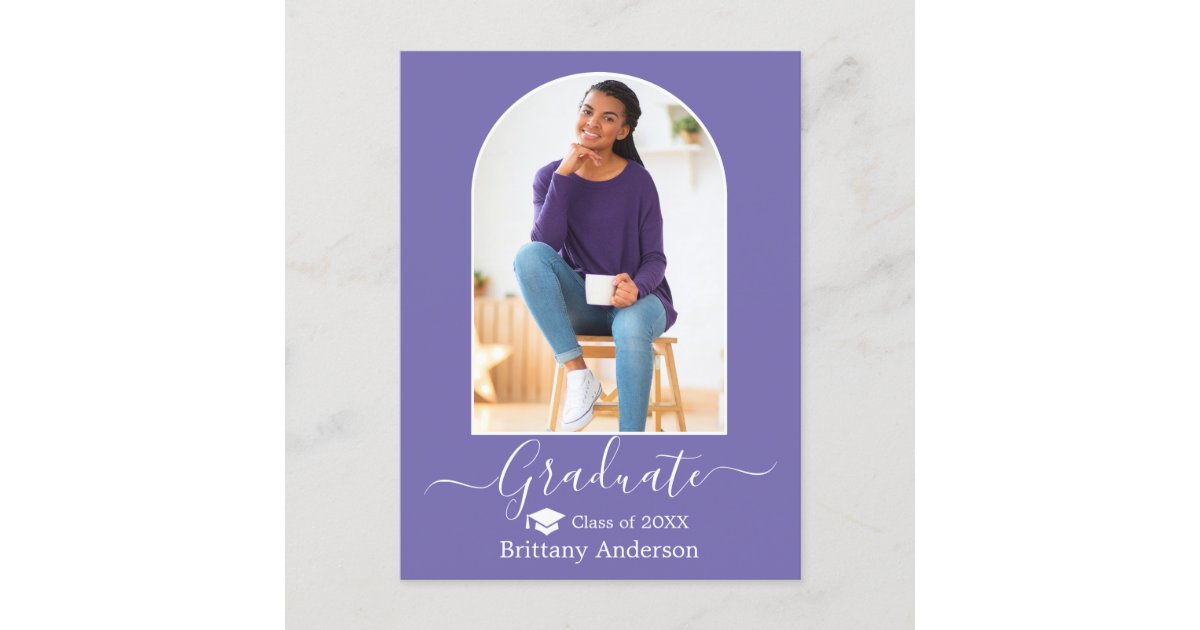 Modern Arch Cap Calligraphy Periwinkle Graduation Postcard | Zazzle