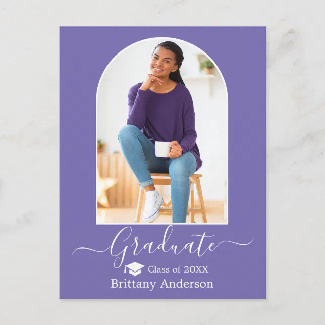 Modern Arch Cap Calligraphy Periwinkle Graduation Postcard | Zazzle