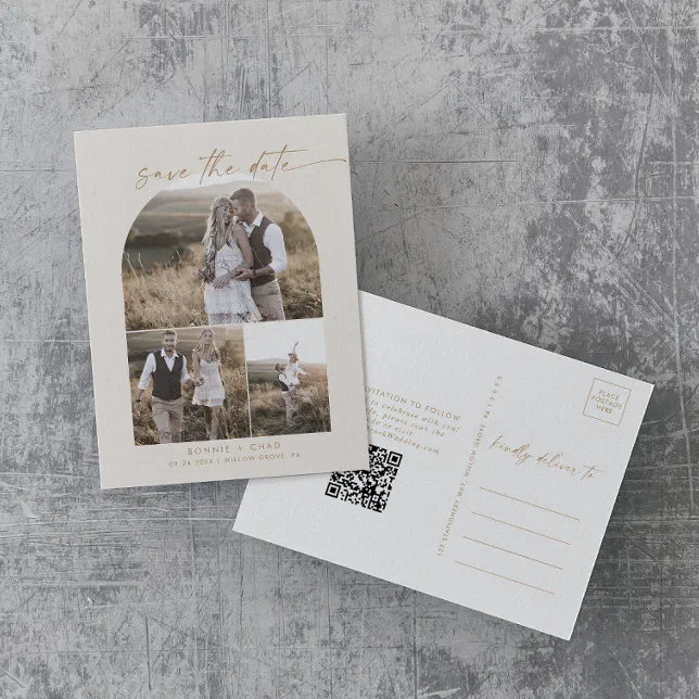 Modern Arch | Cream QR Photo Collage Save the Date Invitation Postcard ...