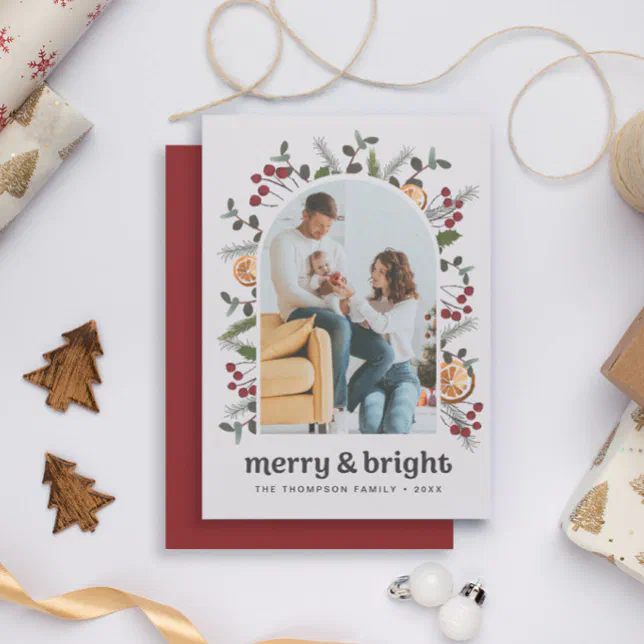 Modern Arch Frame Family Photo Christmas Botanical Holiday Card | Zazzle