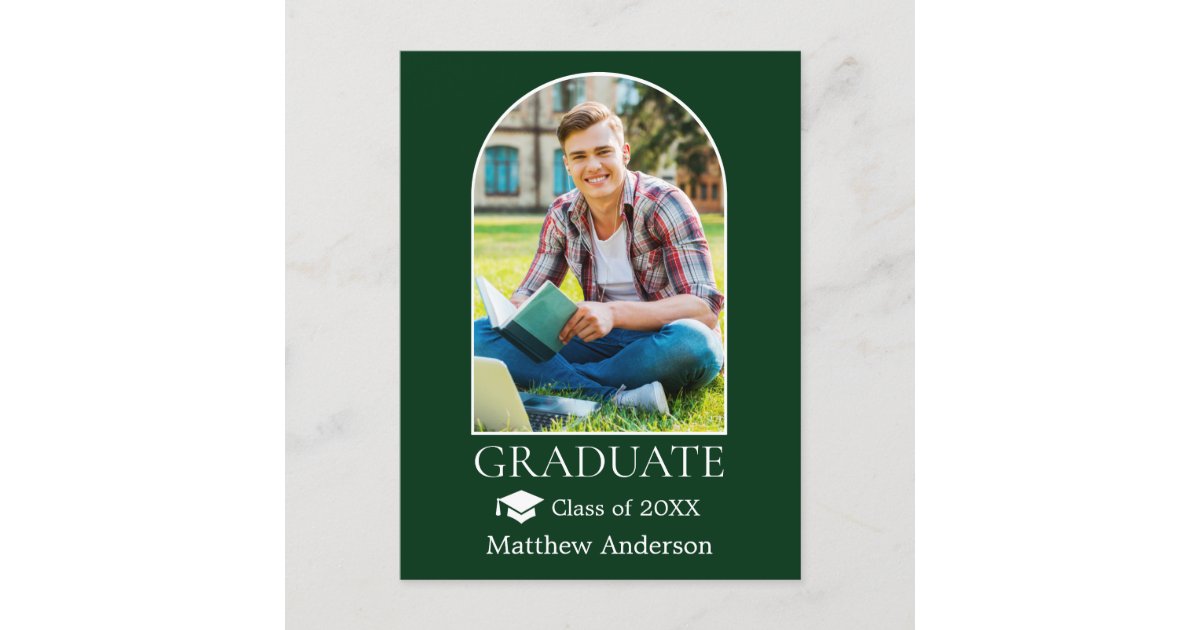 Modern Arch Grad Cap Photo Green Graduation Postcard | Zazzle