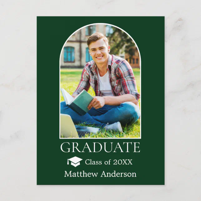 Modern Arch Grad Cap Photo Green Graduation Postcard | Zazzle
