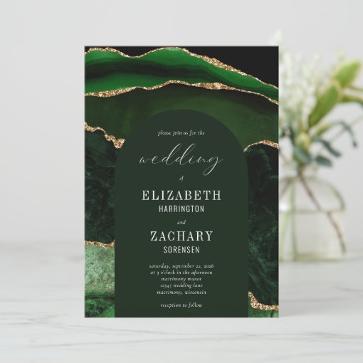 Modern Arch Hunter Green Gold Agate Wedding Invitation | Zazzle