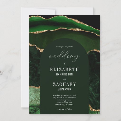 Modern Arch Hunter Green Gold Agate Wedding Invitation | Zazzle