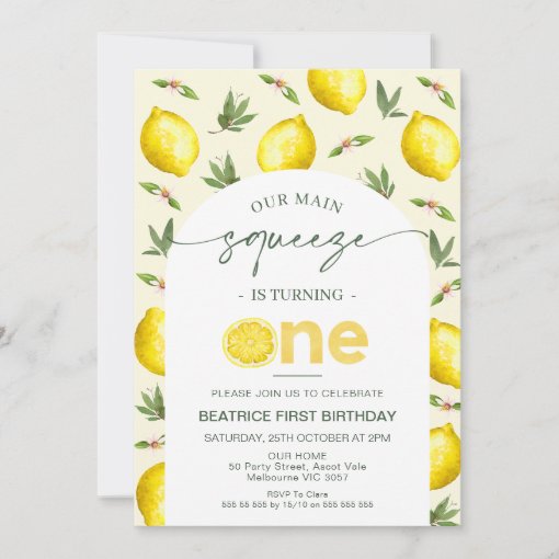 Modern Arch Lemon Our Main Squeeze 1st Birthday Invitation | Zazzle