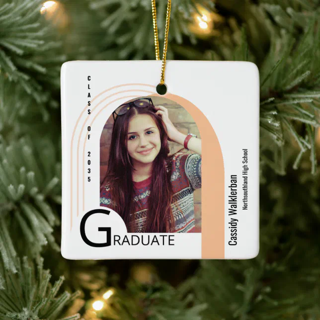 Modern Arch Peach White Photo Graduation Ceramic Ornament | Zazzle