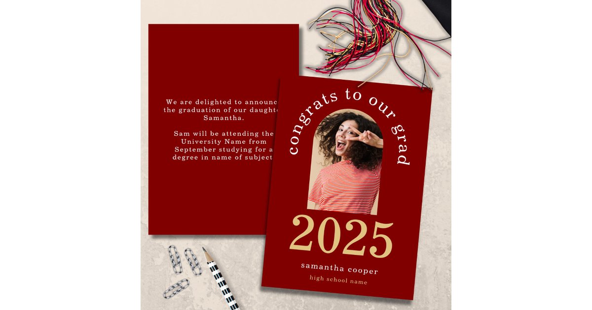 Modern Arch Photo 2025 Grad Gold Maroon Graduation Announcement | Zazzle