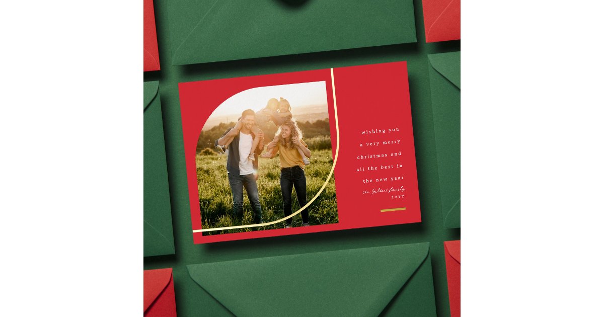 Modern arch photo elegant red Christmas Foil Holiday Card | Zazzle