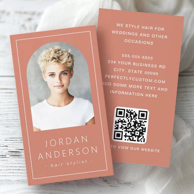Modern arch photo thin border QR code terracotta Business Card | Zazzle